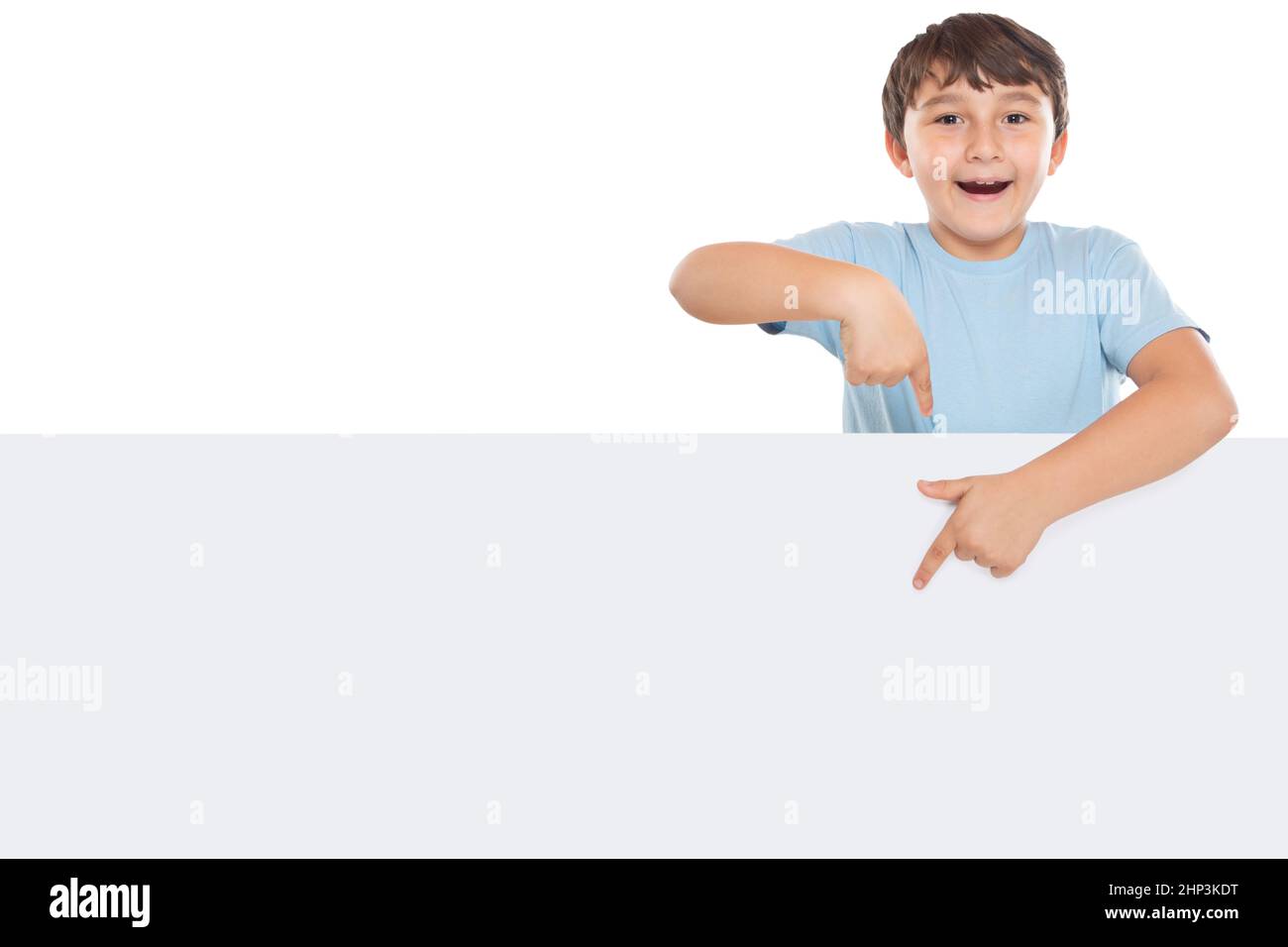 Child kid showing pointing on empty blank sign copyspace copy space ...