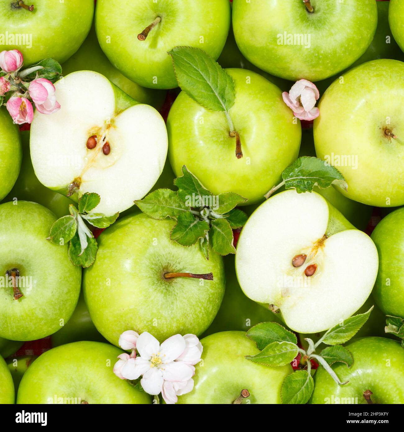 Apples fruits green apple fruit background with leaves and blossoms ...