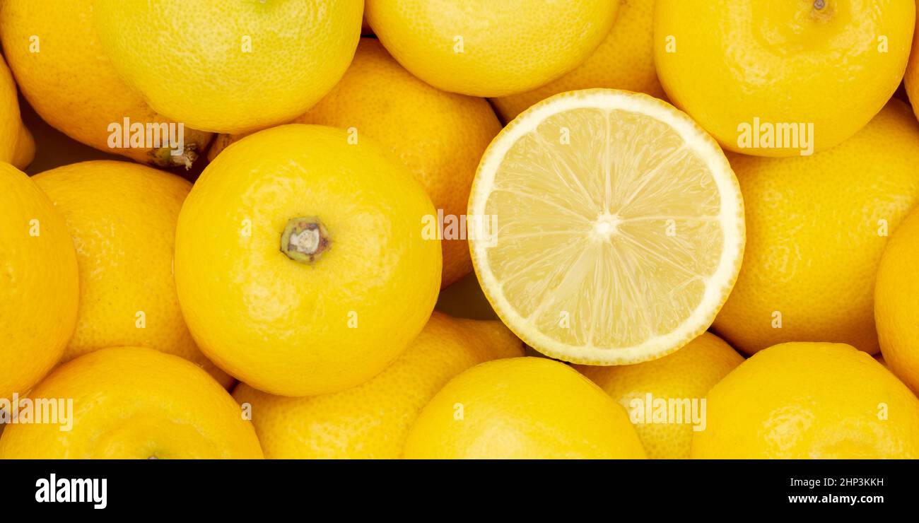 Lemon fruits lemons fruit background from above panorama top view Stock ...