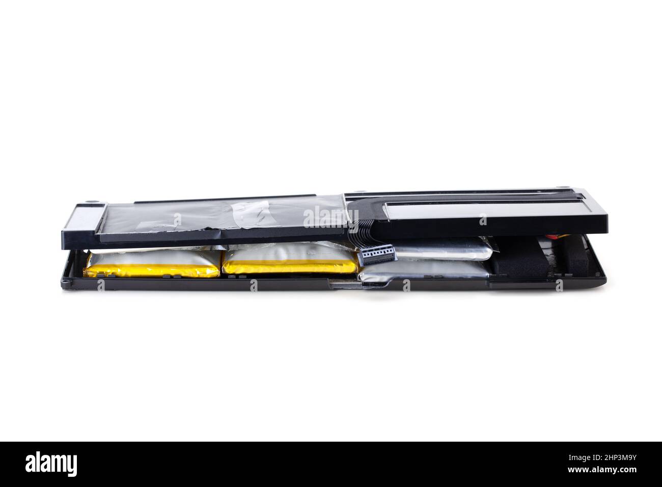damaged swollen Lithium polymer, Li-ion batteries for laptop isolated ...
