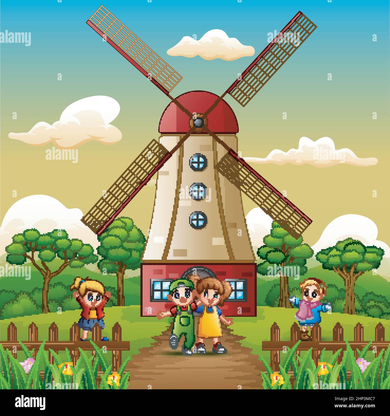 happy kids playing in front of windmill building background Stock ...