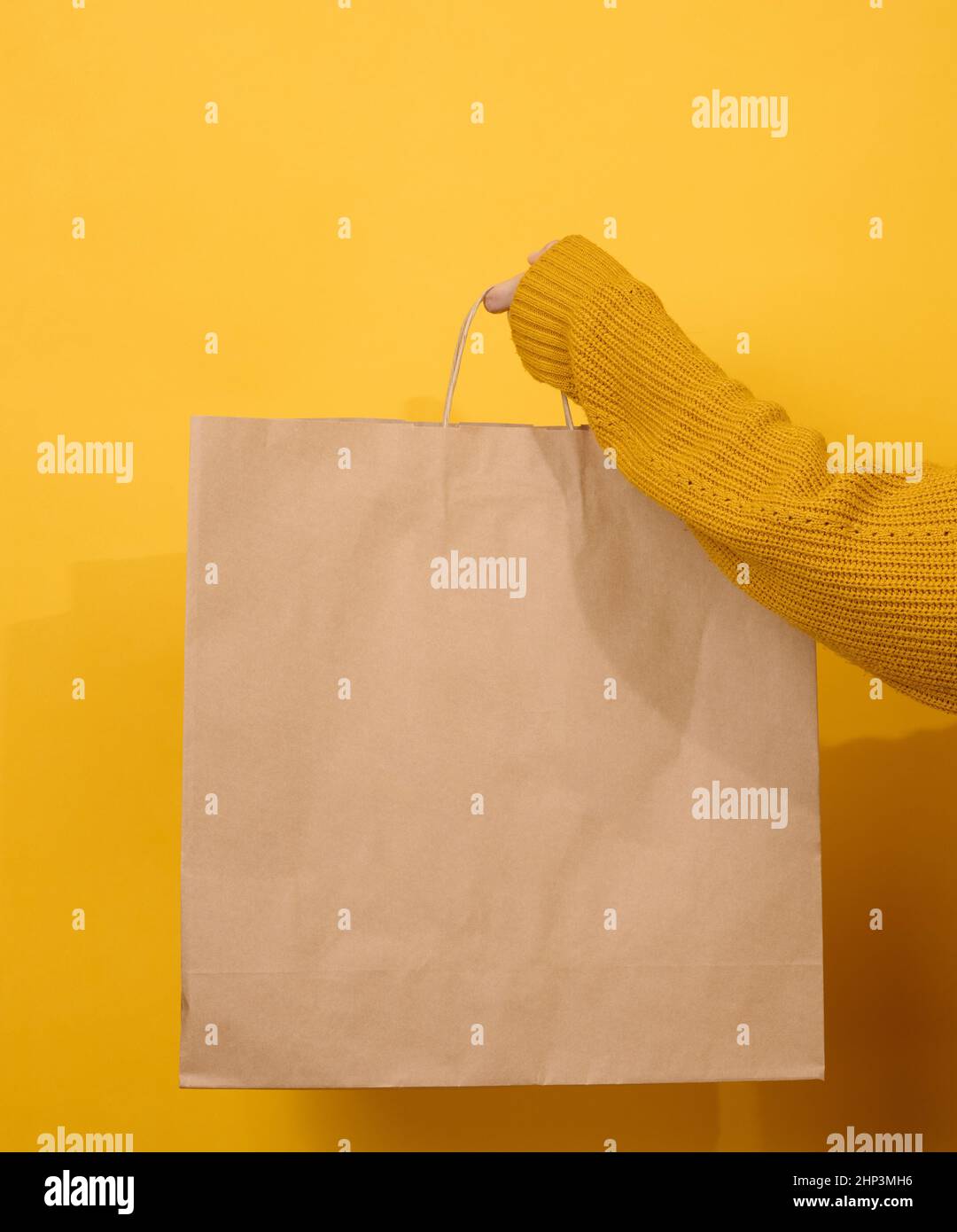 female hand holds a paper disposable bag with handles for groceries and ...