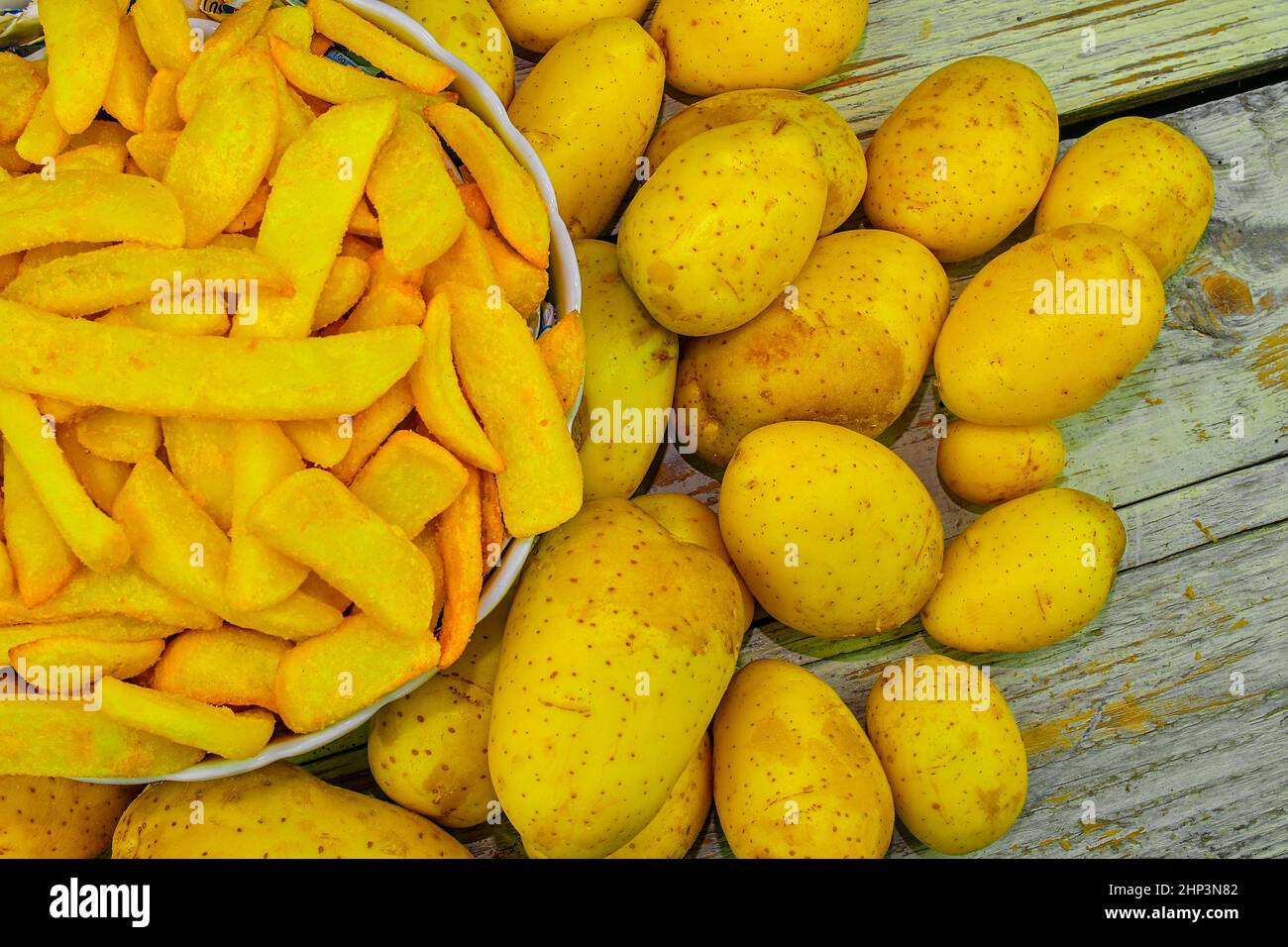 Baked fried potatoes. Potatoes and french fries. Top view. Flat design ...