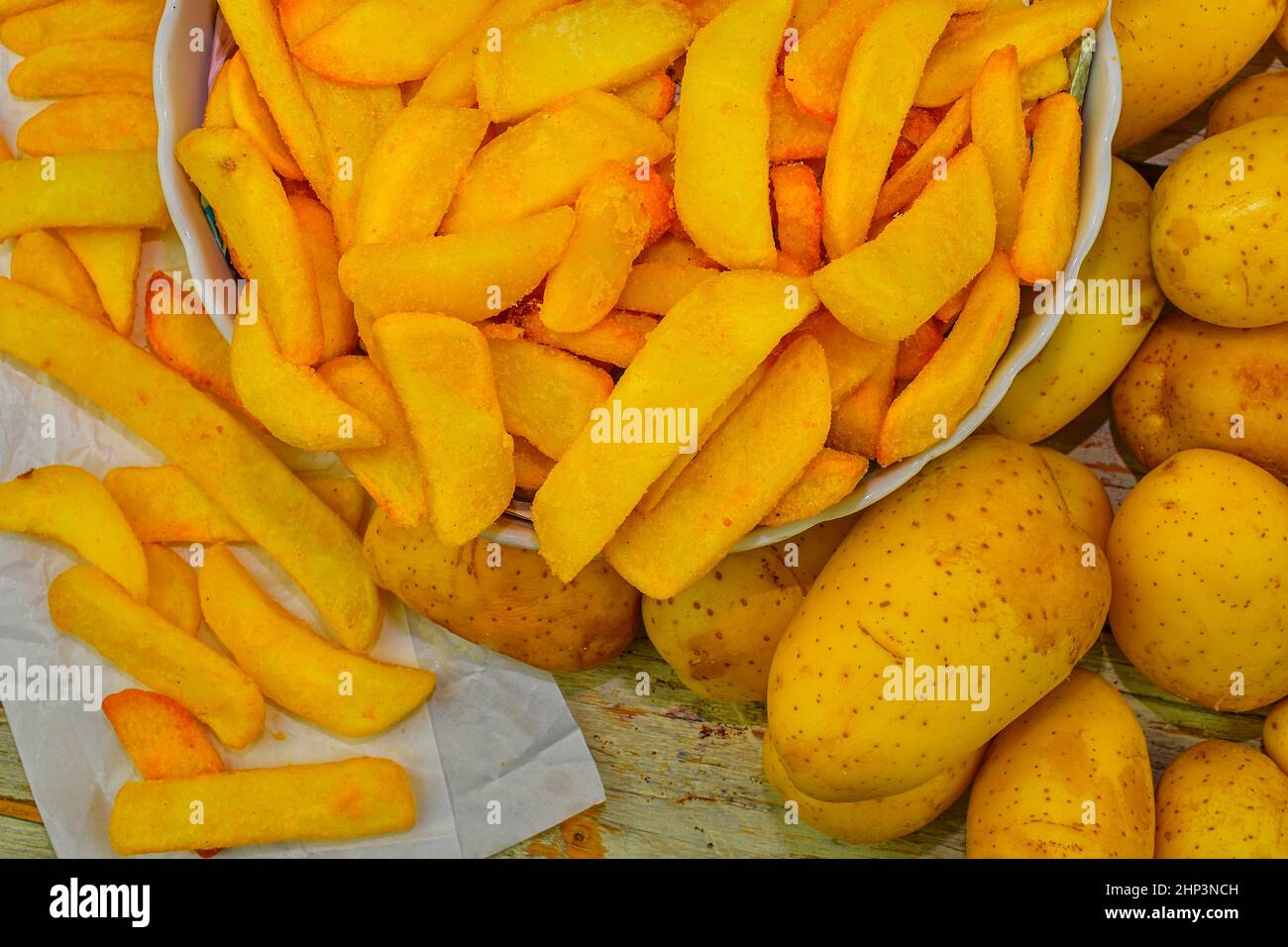 Baked fried potatoes. Potatoes and french fries. Top view. Flat design ...