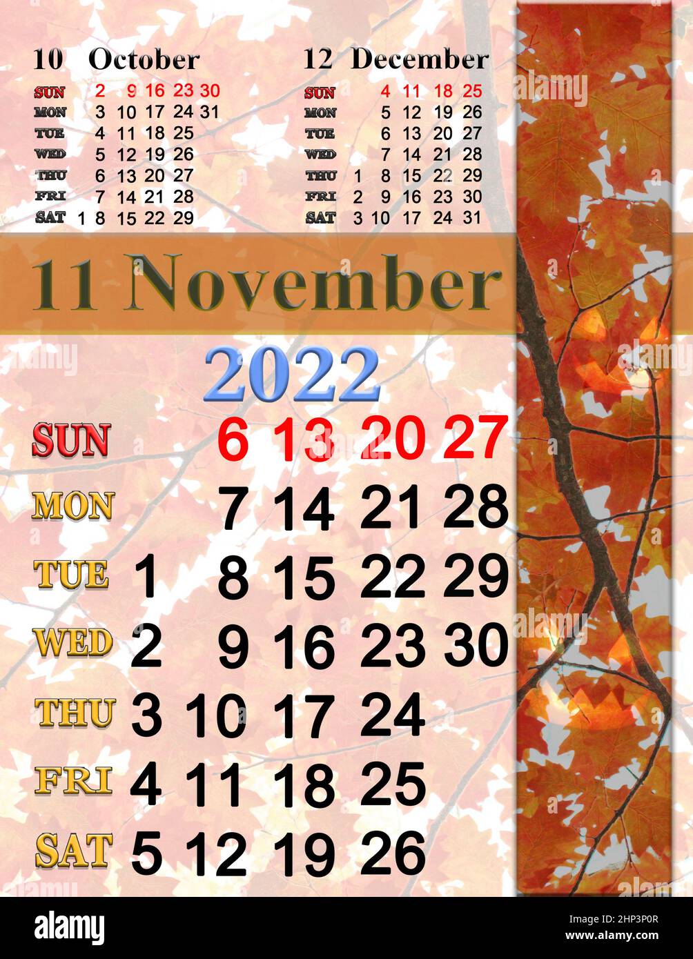 calendar for November 2022 with autumn park with trees in yellow color ...