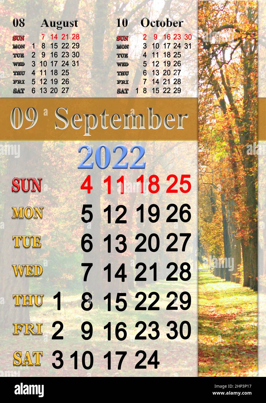calendar for September 2022 with autumn park with trees in yellow color ...
