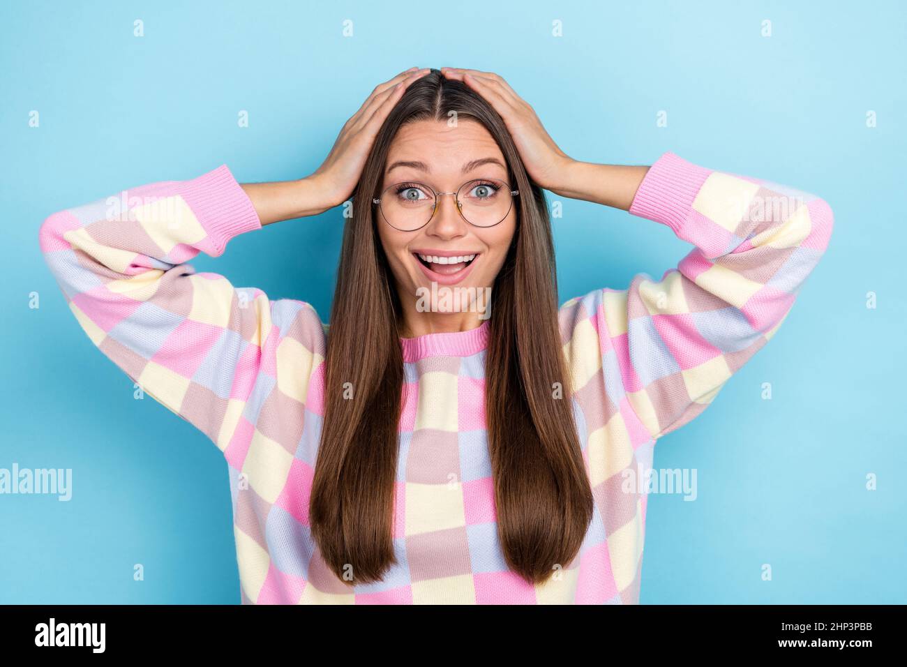 Photo of glad positive amazed lady hands head sale omg reaction wear ...