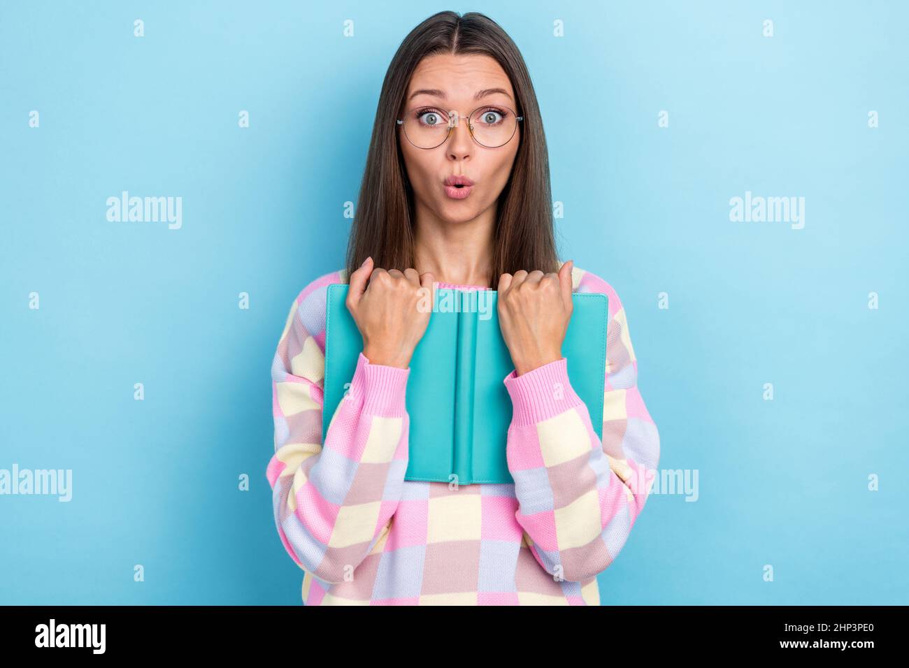 Photo of crazy college lady cuddle textbook open mouth wear specs ...