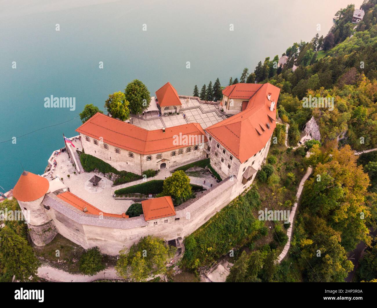 Aerial view of Lake Bled and the castle of Bled, Slovenia, Europe ...