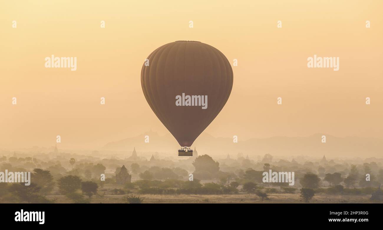 Air balloon above temples of Bagan an ancient city located in the ...