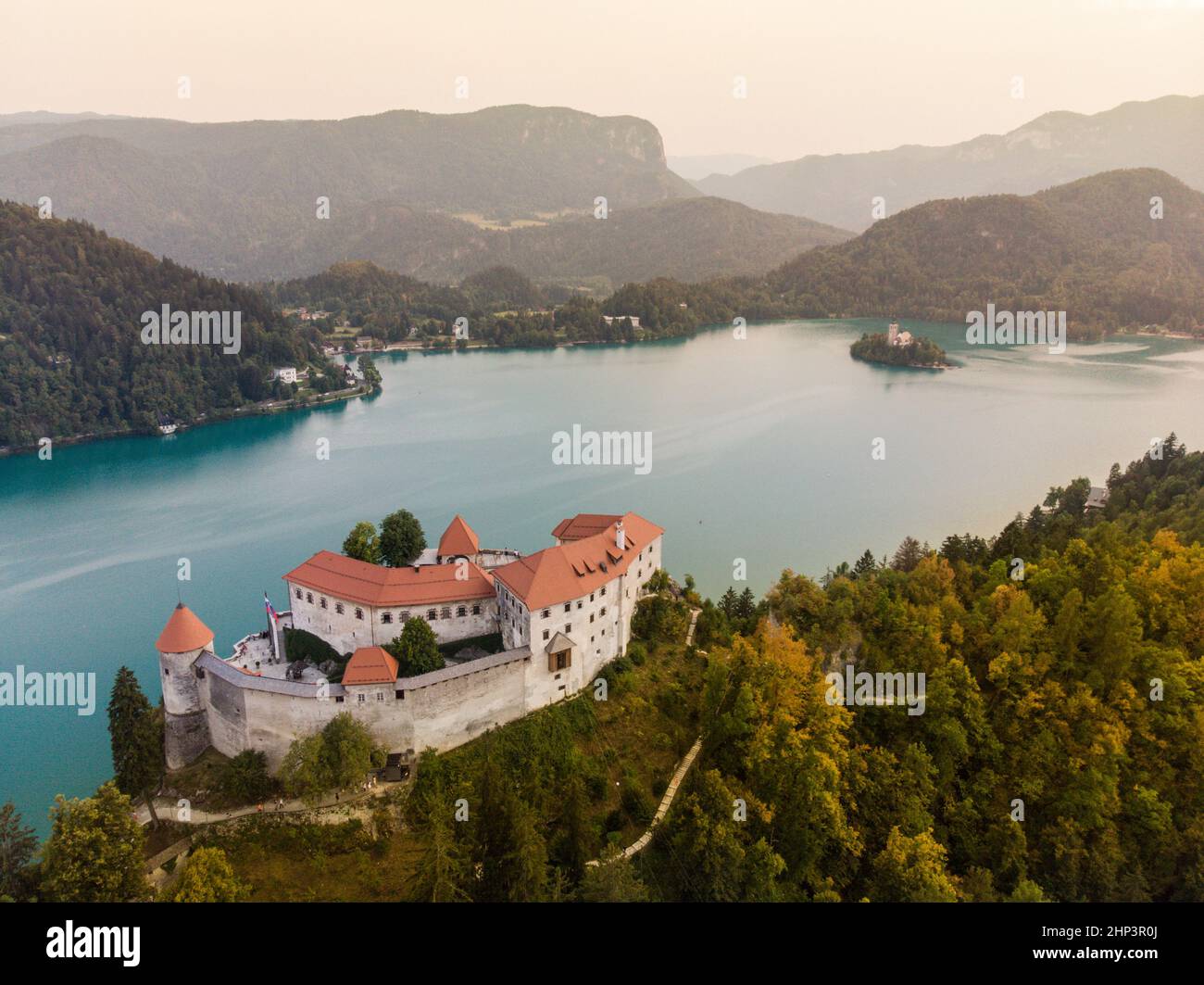 Aerial view of Lake Bled and the castle of Bled, Slovenia, Europe ...