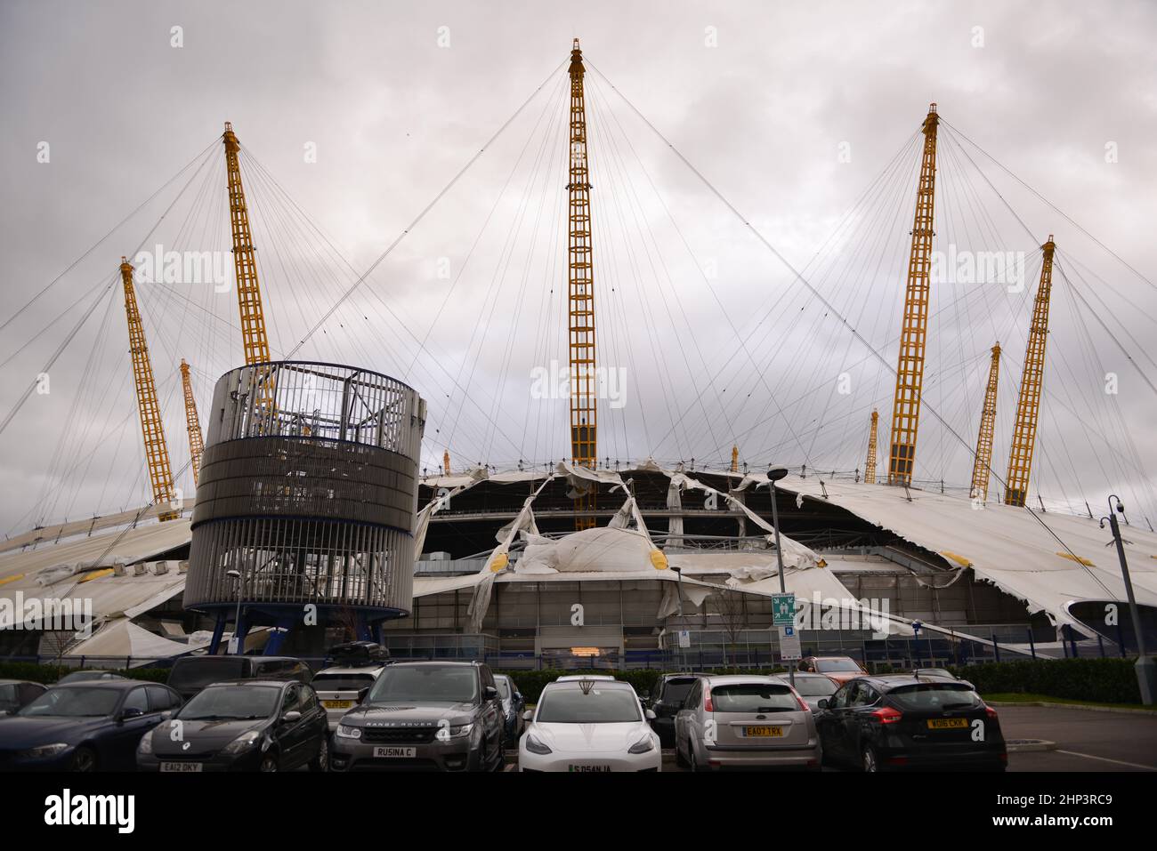 London, UK. 18th Feb, 2022. A giant hole has been torn in the O2 Arena ...
