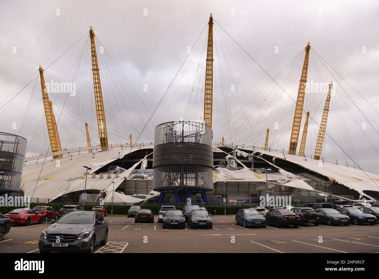 London, UK. 18th Feb, 2022. A giant hole has been torn in the O2 Arena ...