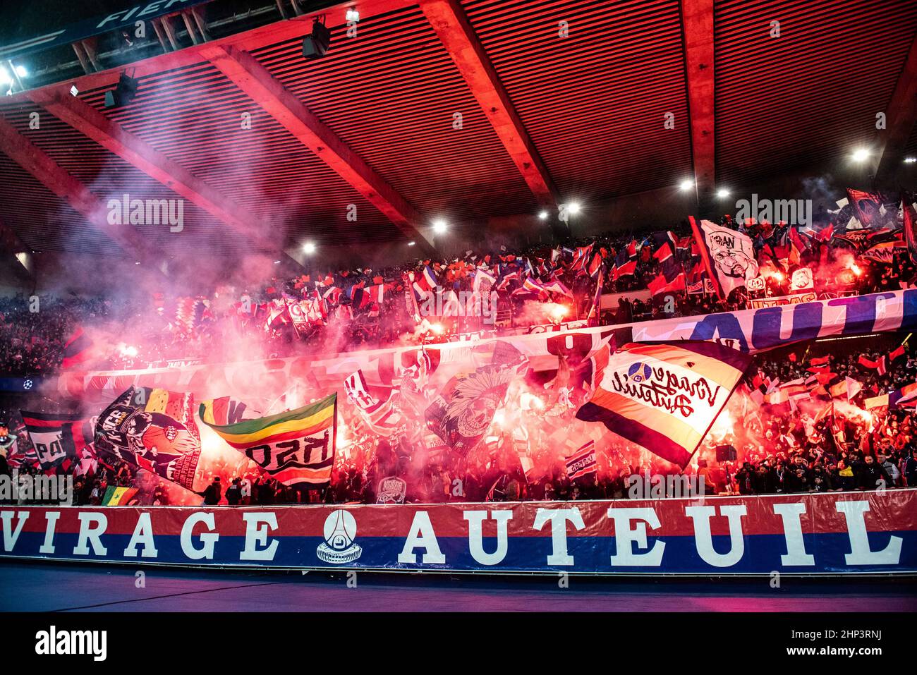 PARIS, FRANCE - FEBRUARY 15: Ultras fans of Paris Saint-Germain setup ...