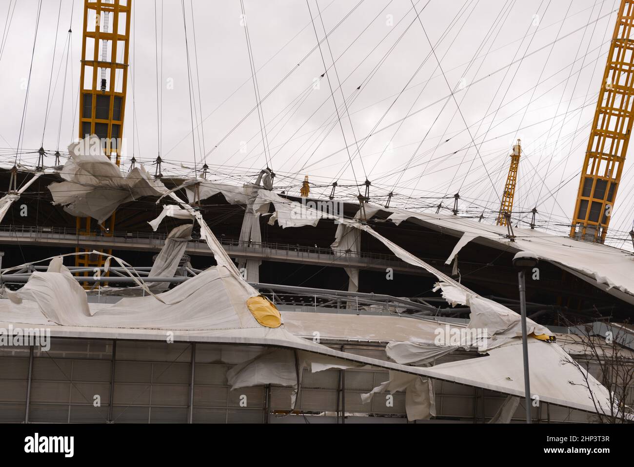 London, UK. 18th Feb, 2022. A giant hole has been torn in the O2 Arena ...