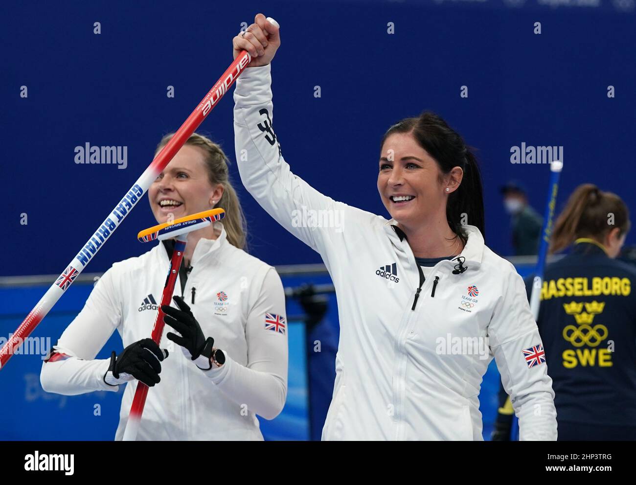 Great Britain's Vicky Wright (left) and Eve Muirhead celebrate victory ...