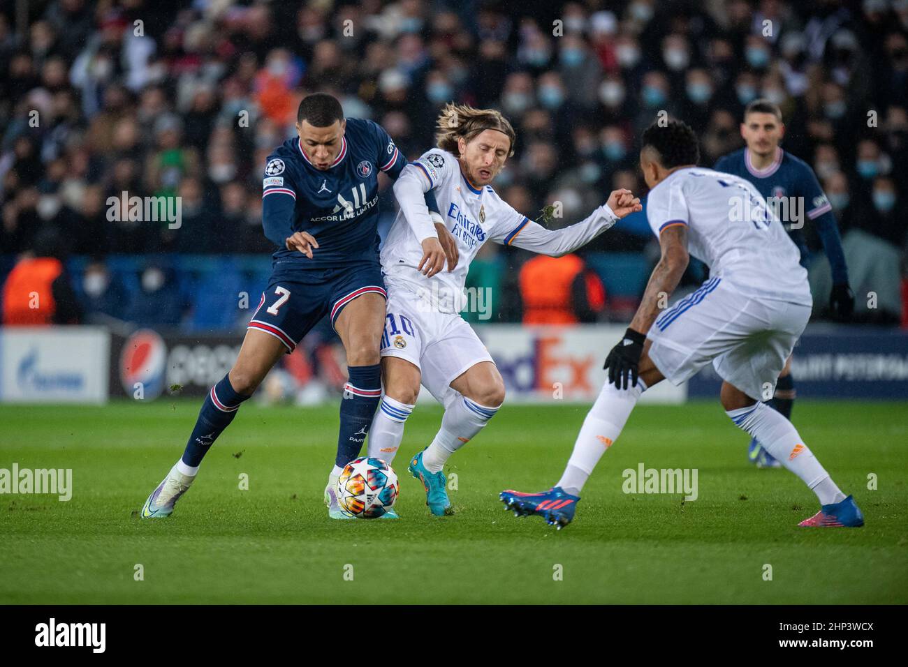PARIS, FRANCE - FEBRUARY 15: Kylian Mbappé, Luka Modric during the UEFA ...