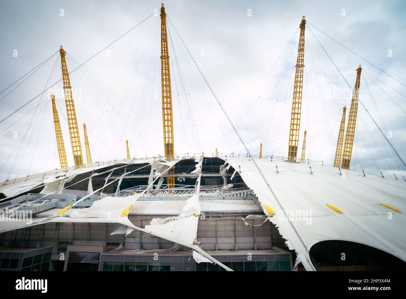 Damage to the roof of the O2 Arena, in south east London, caused by ...