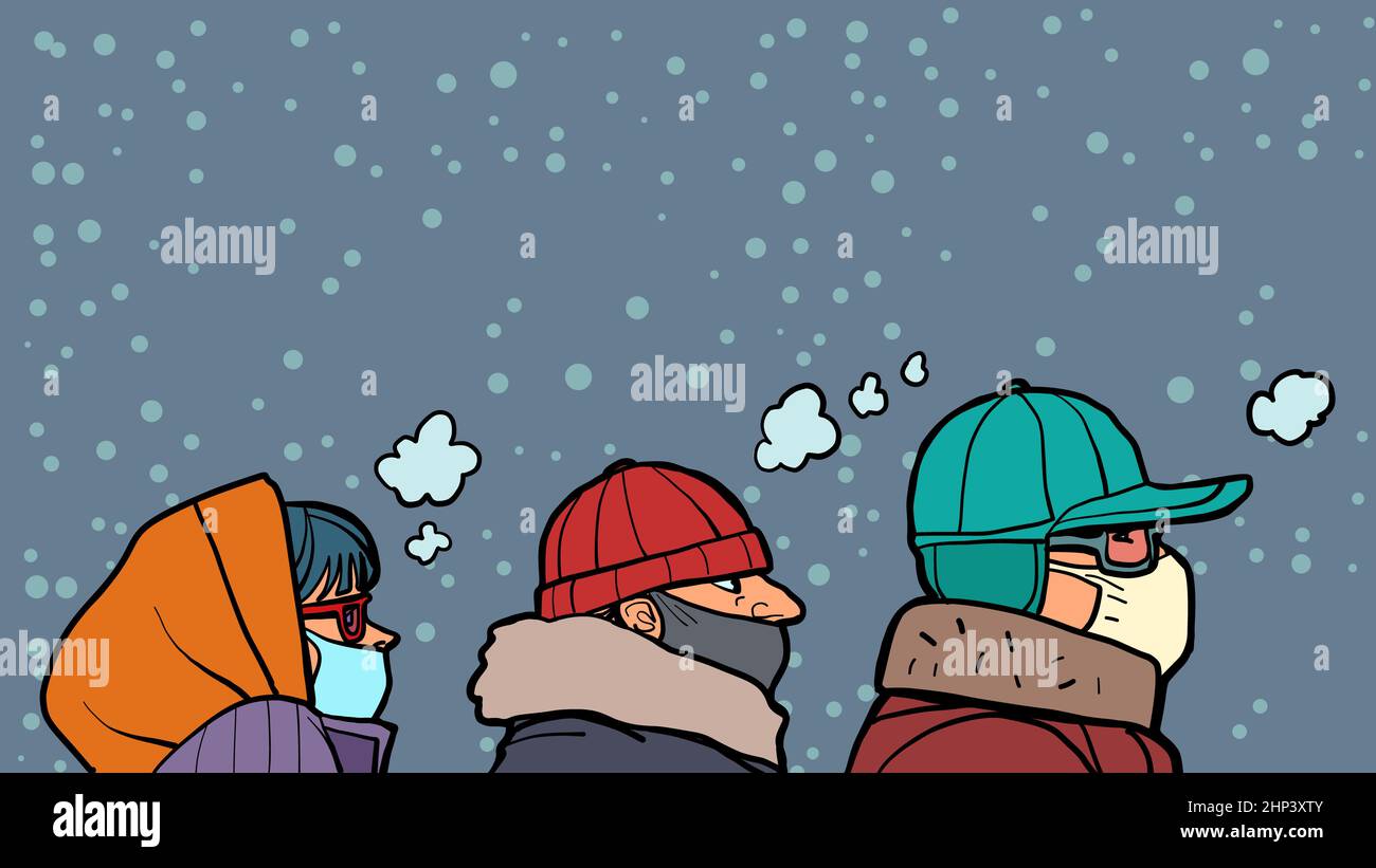 people in medical masks in winter in the cold, a pandemic in season ...