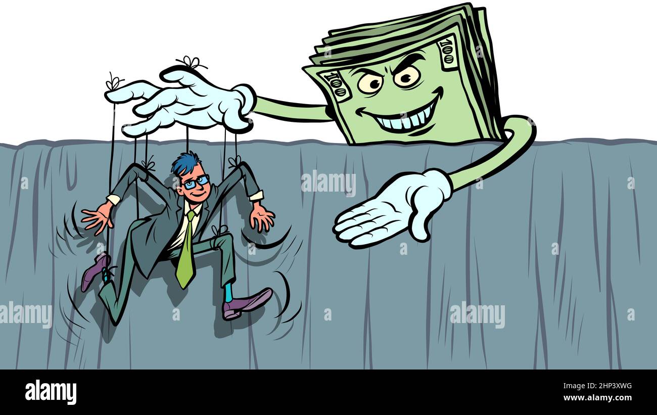 male businessman puppet on ropes, money dollars control and management ...