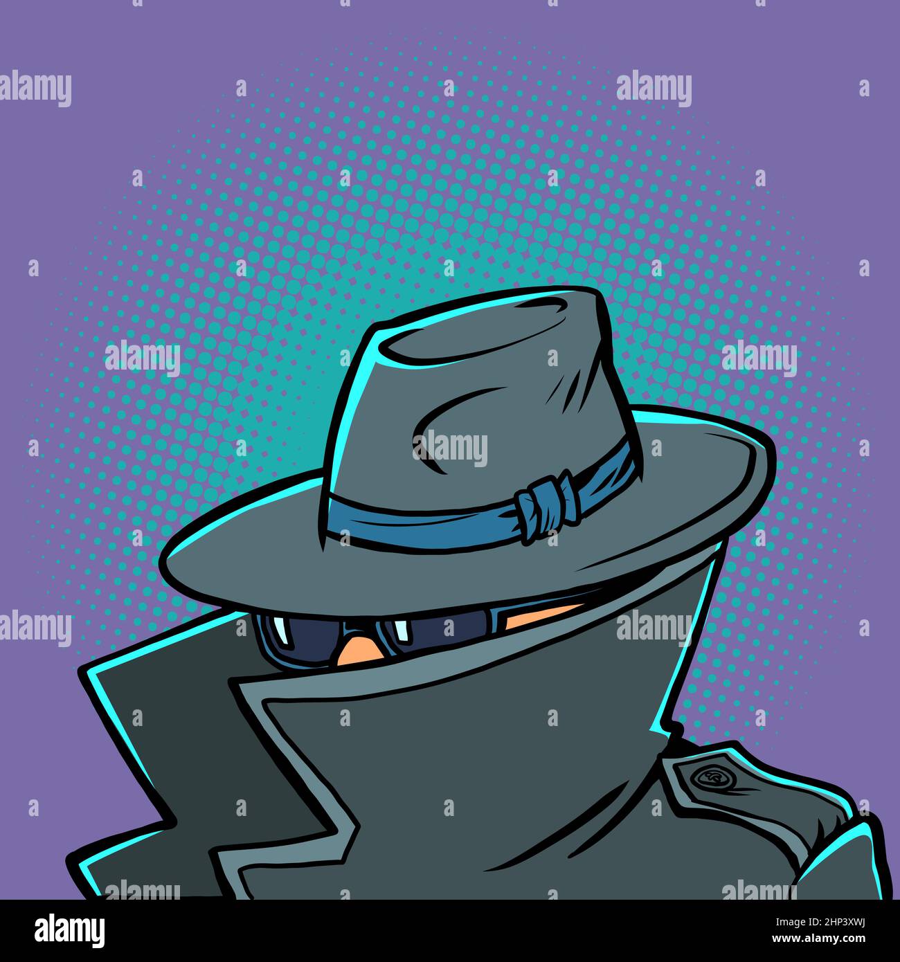 spy in a raincoat, hat and black glasses, covered face. Comic cartoon ...