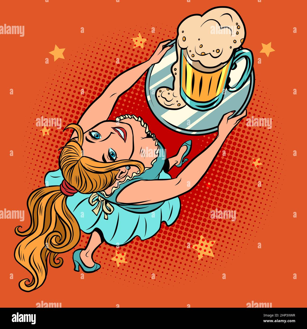 smiling female waiter with a beer mug, oktoberfest, bar pub restaurant ...