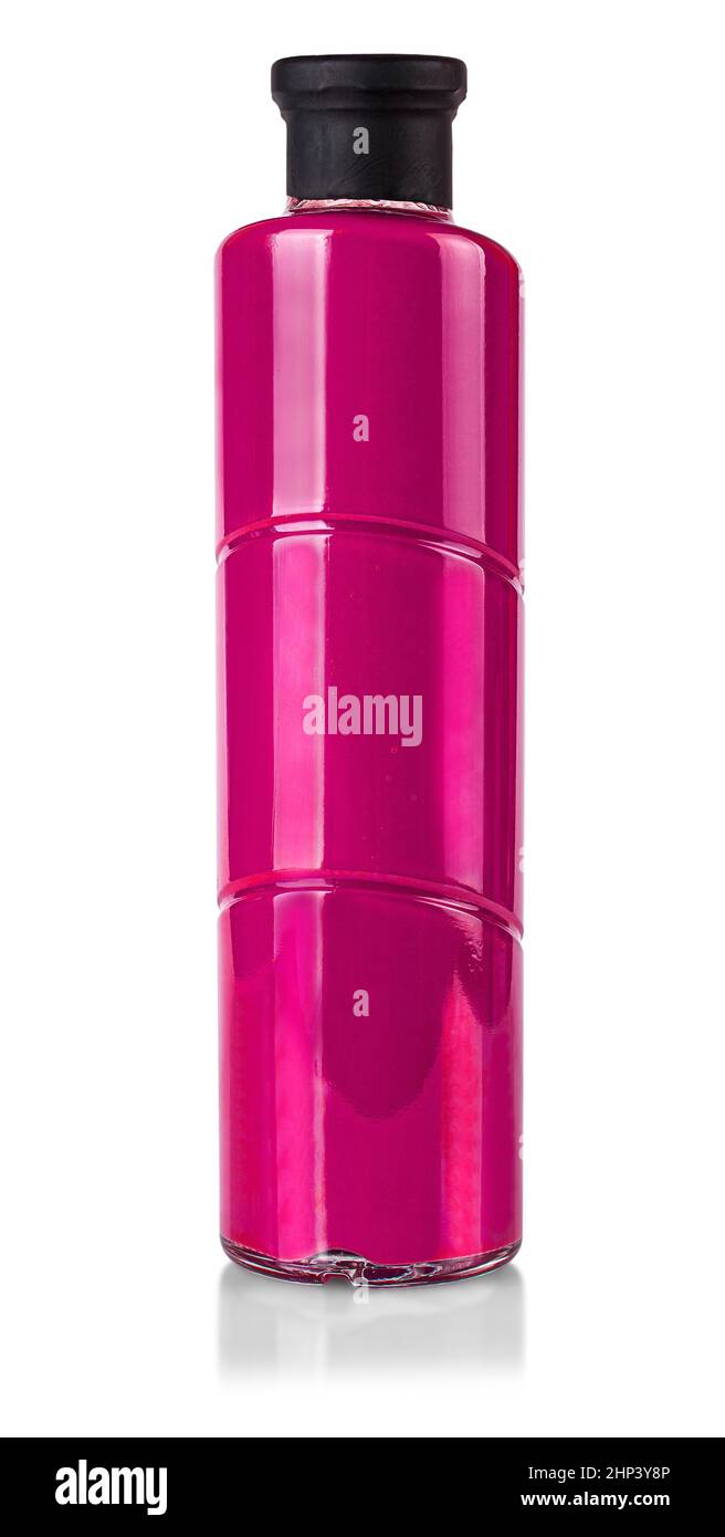 The Bottle of pink cherry juice isolated on white background with ...