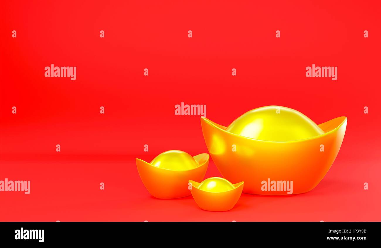 Happy Chinese New Year. Realistic Yuan Bao Chinese gold sycee ingots on ...