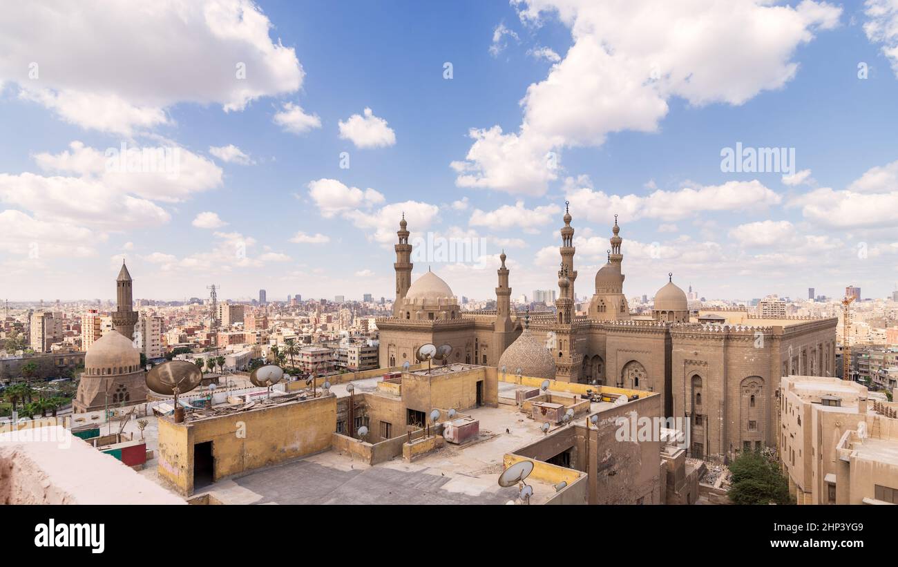 Day shot of minarets and domes of Sultan Hasan Mosque and Al Rifai Mosque in Cairo, Egypt Stock ...