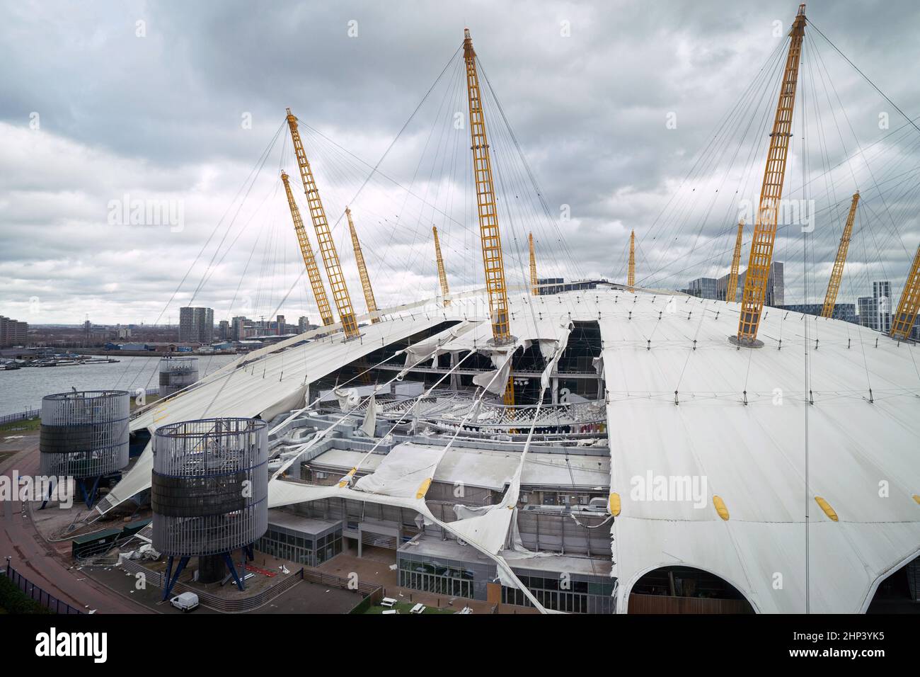 Damage to the roof of the O2 Arena, in south east London, caused by ...