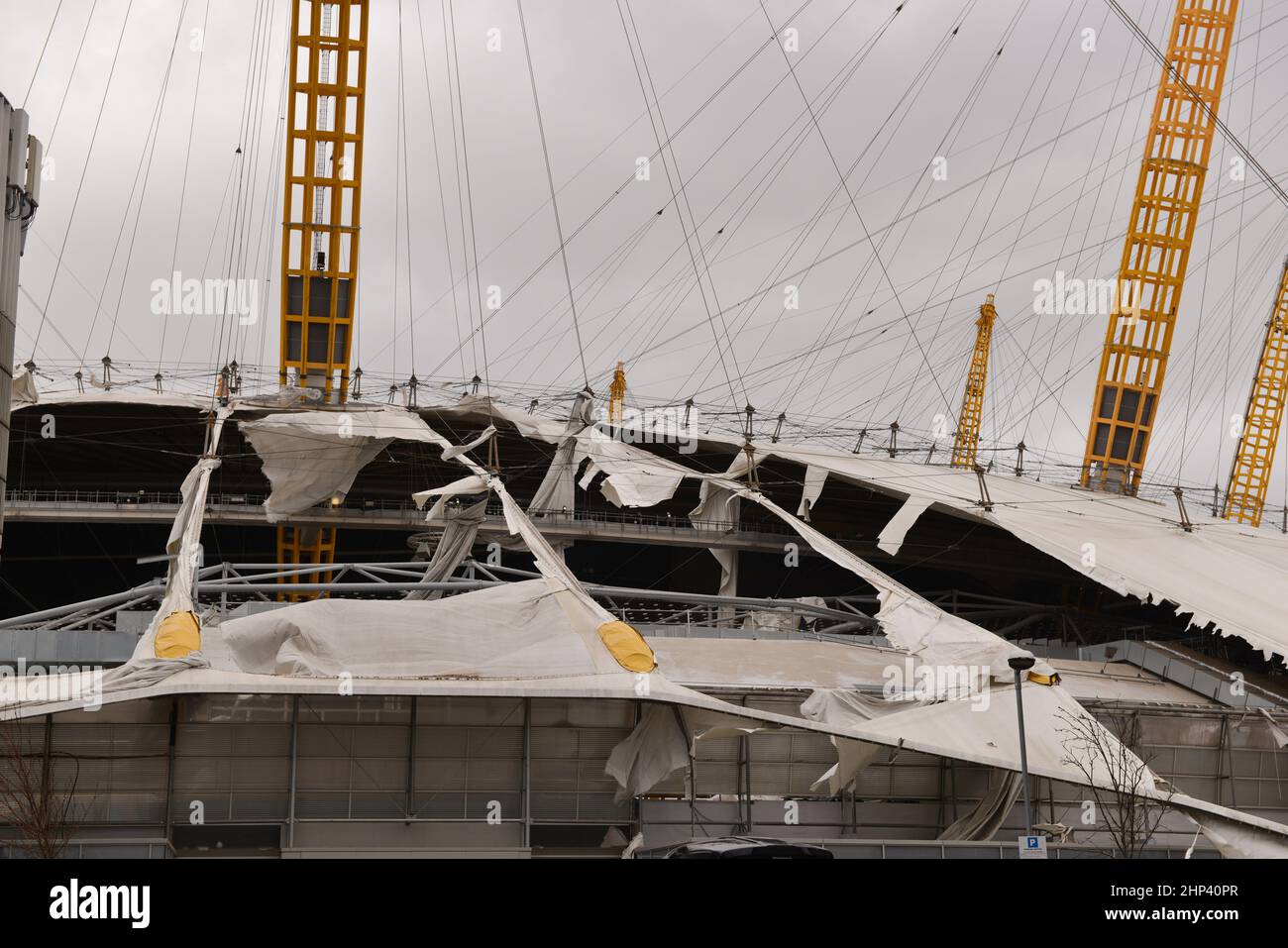 London, UK. 18th Feb, 2022. A giant hole has been torn in the O2 Arena ...