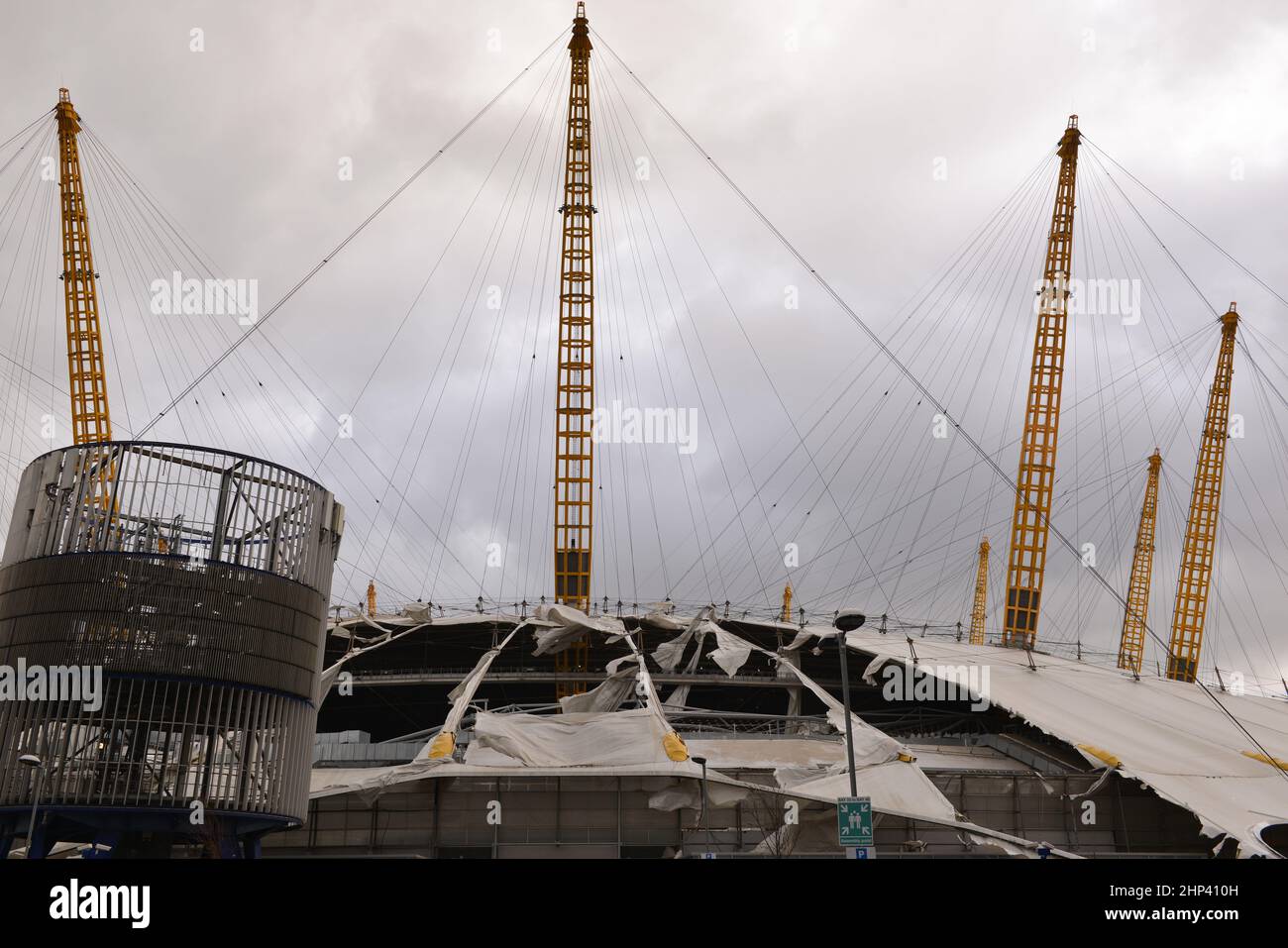 London, UK. 18th Feb, 2022. A giant hole has been torn in the O2 Arena ...