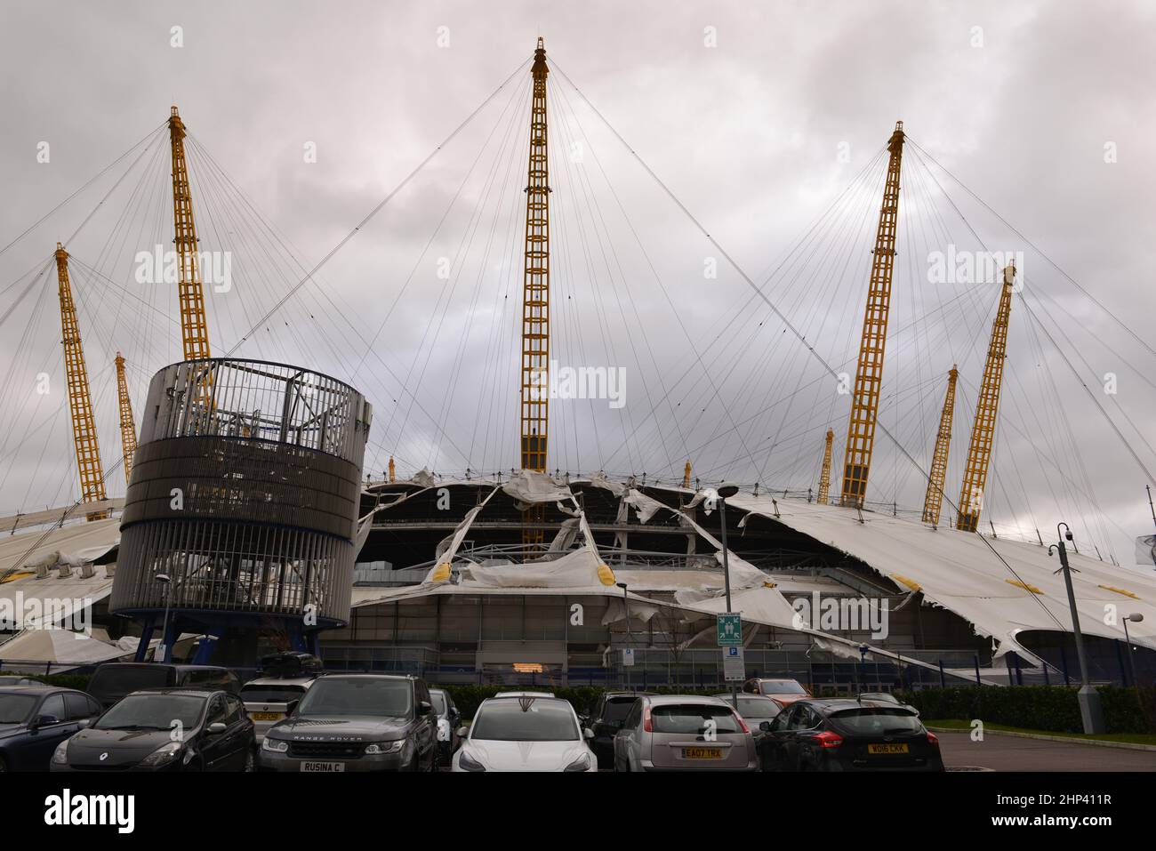 London, UK. 18th Feb, 2022. A giant hole has been torn in the O2 Arena ...