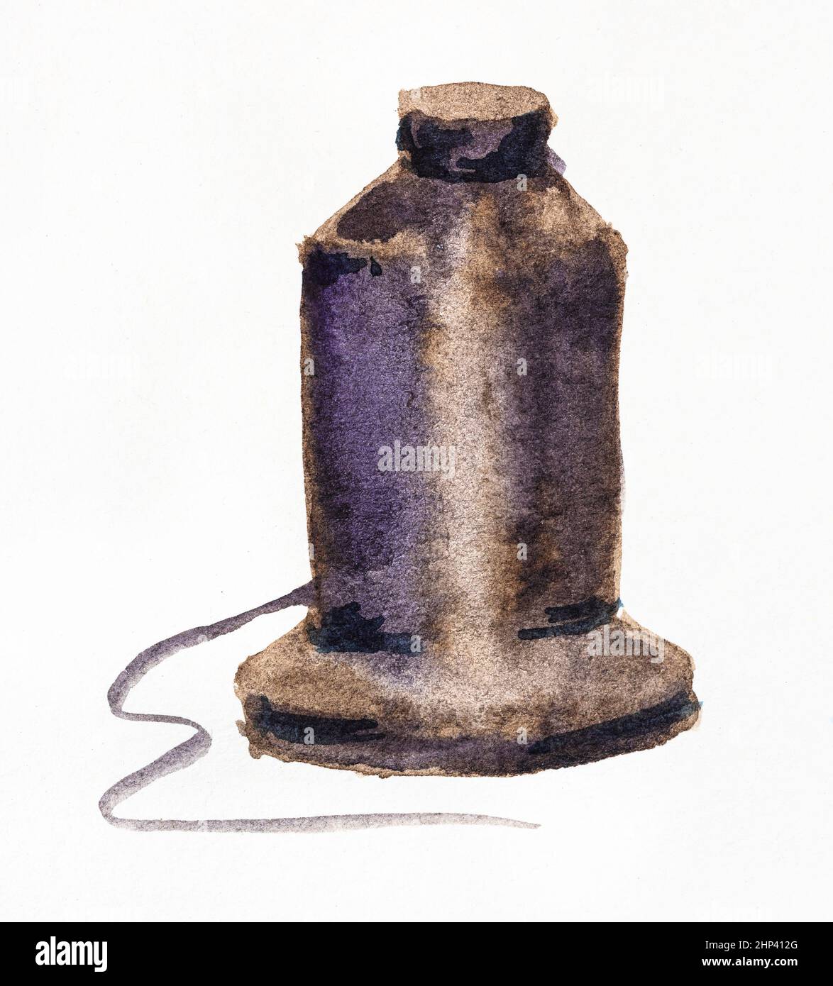 sketch of spool of sewing thread hand drawn by watercolor on white ...