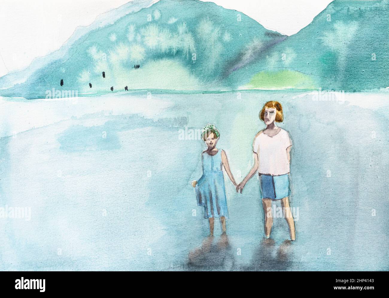 two girls stand in water of mountain lake in Bavaria hand drawn by ...