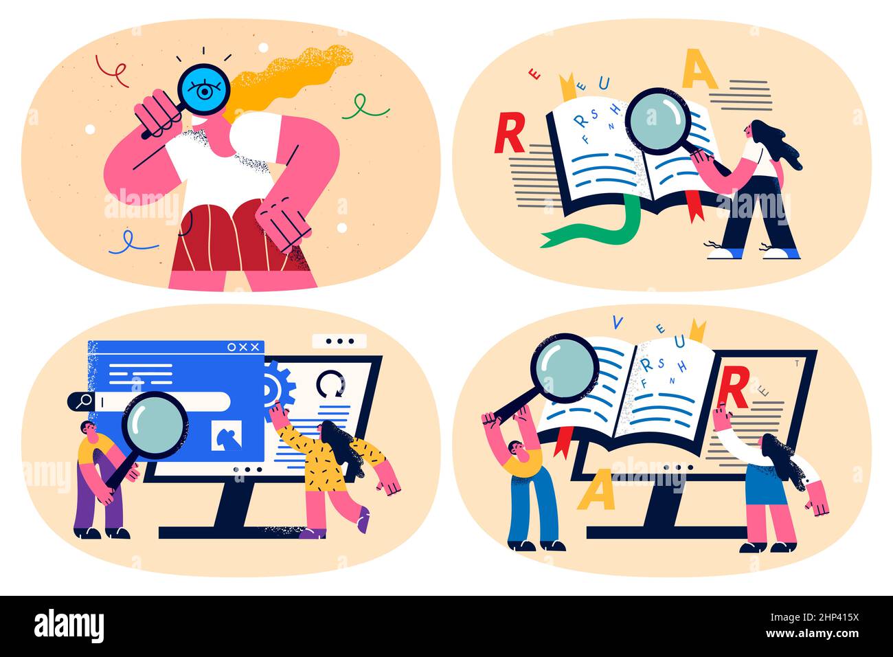 Set of diverse people with magnifying glass work on computer read book ...