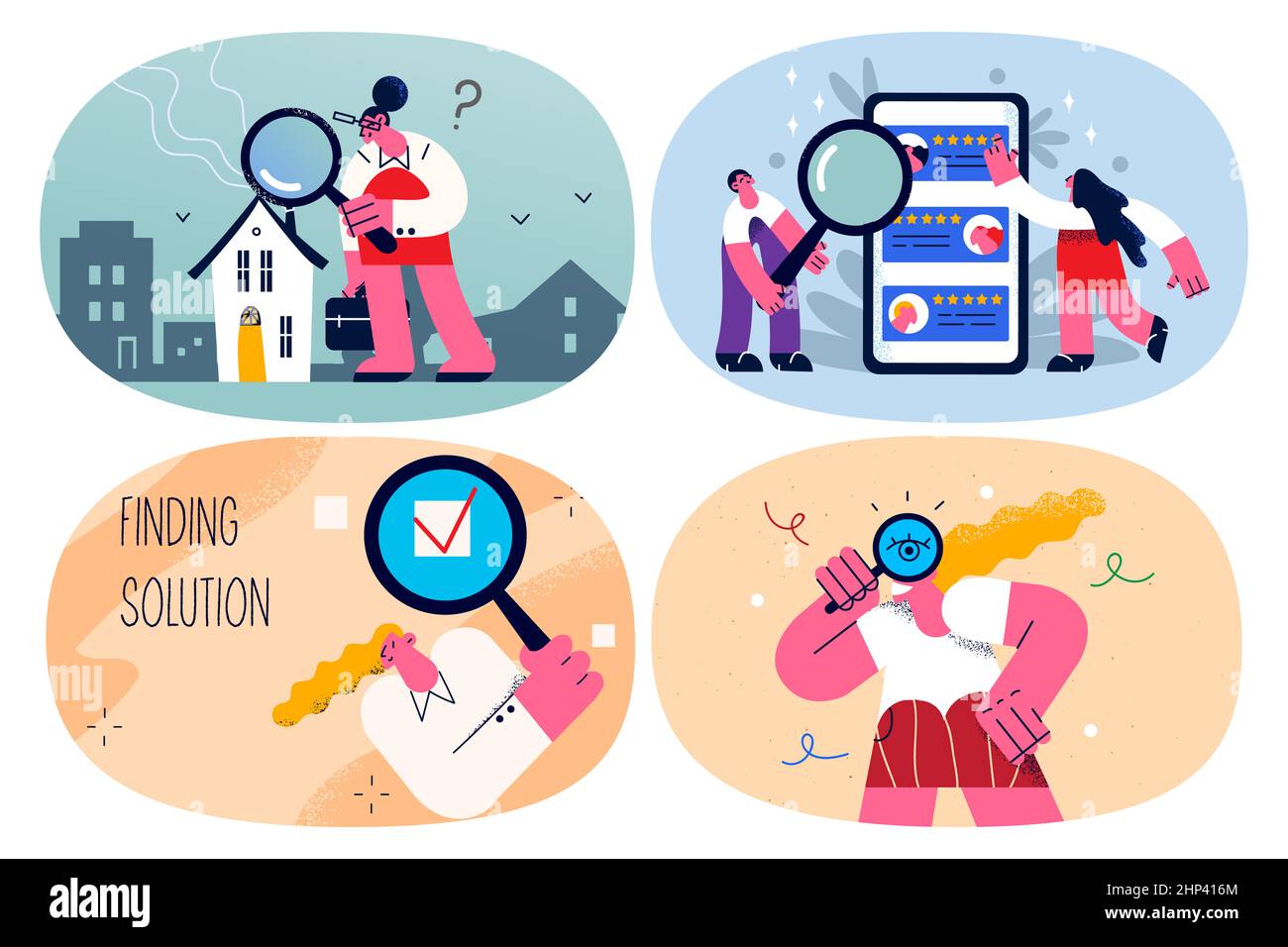 Set of people with magnifier look for find solution make decision or ...