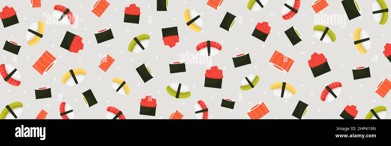 Panoramic realistic background Japanese rolls and sushi, web template ...