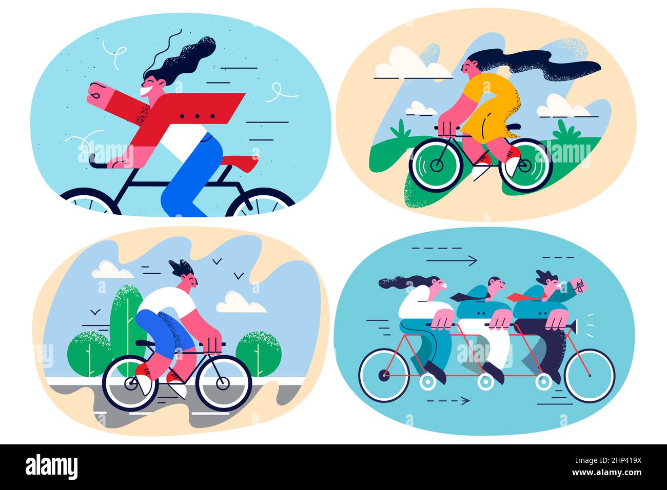 Set of happy person ride bike enjoy outdoor physical activity. Smiling ...