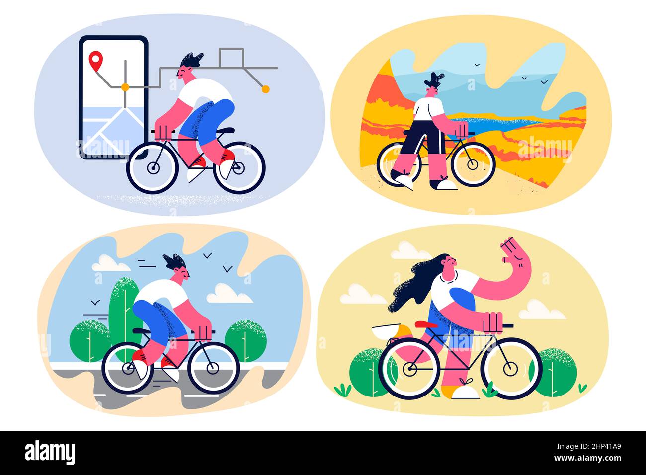Set of young person enjoy outdoor summer activity riding bicycle on ...