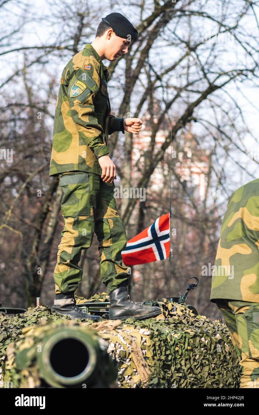 Norwegian Army armored tank with cannon and camouflage coating with ...