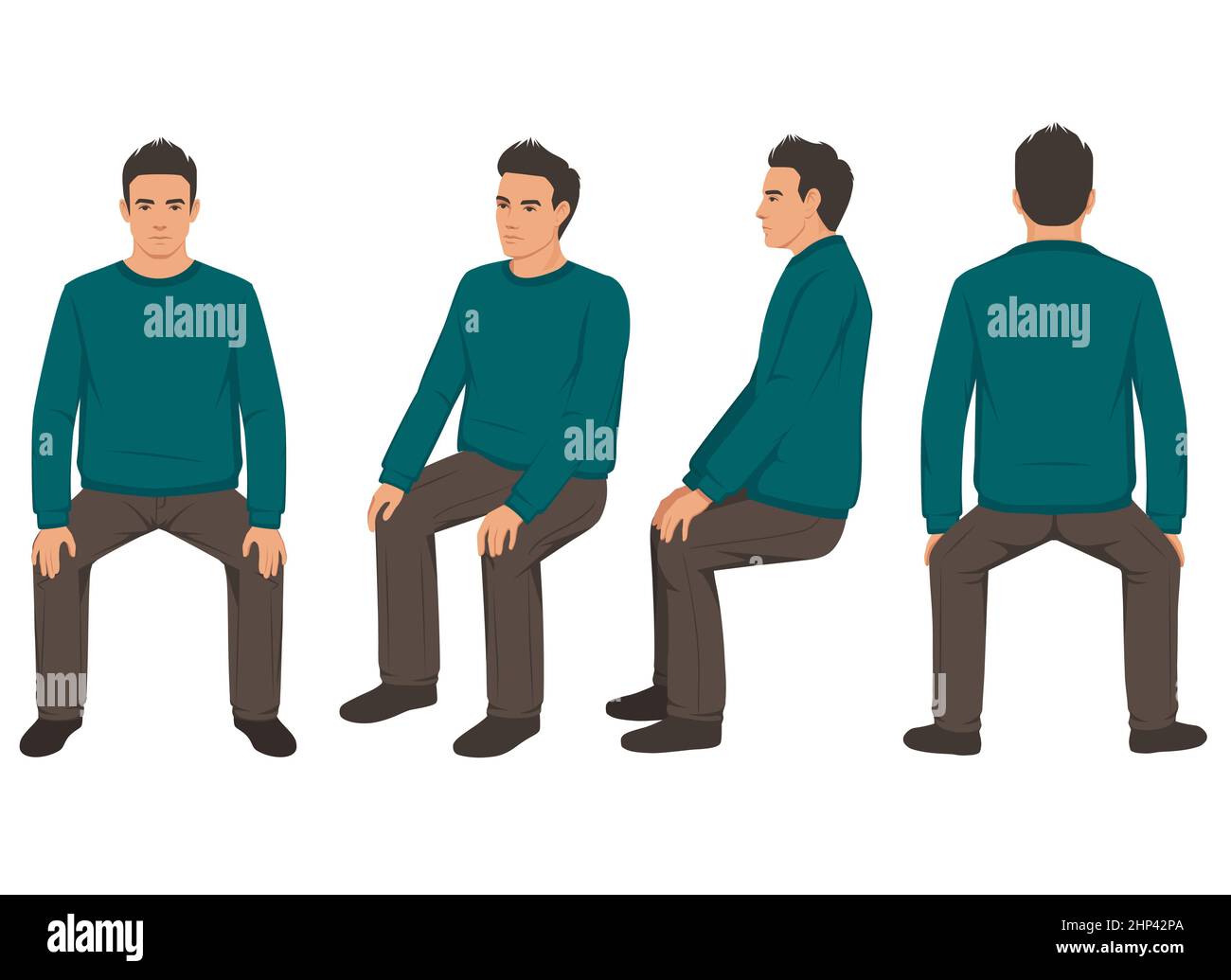 Multiple images of a isolated carton man sitting, front side and back ...