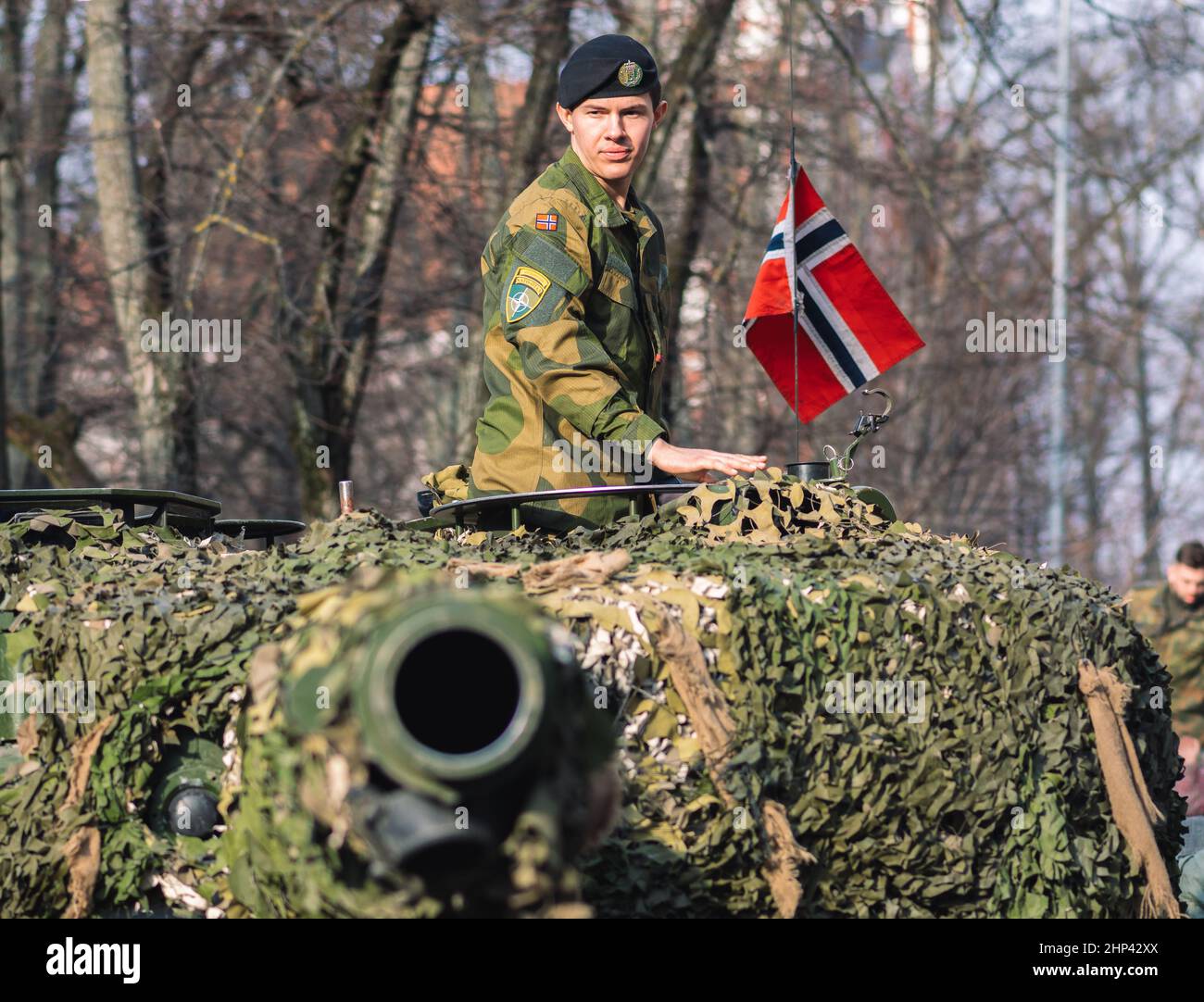 Norwegian Army armored tank with cannon and camouflage coating with ...