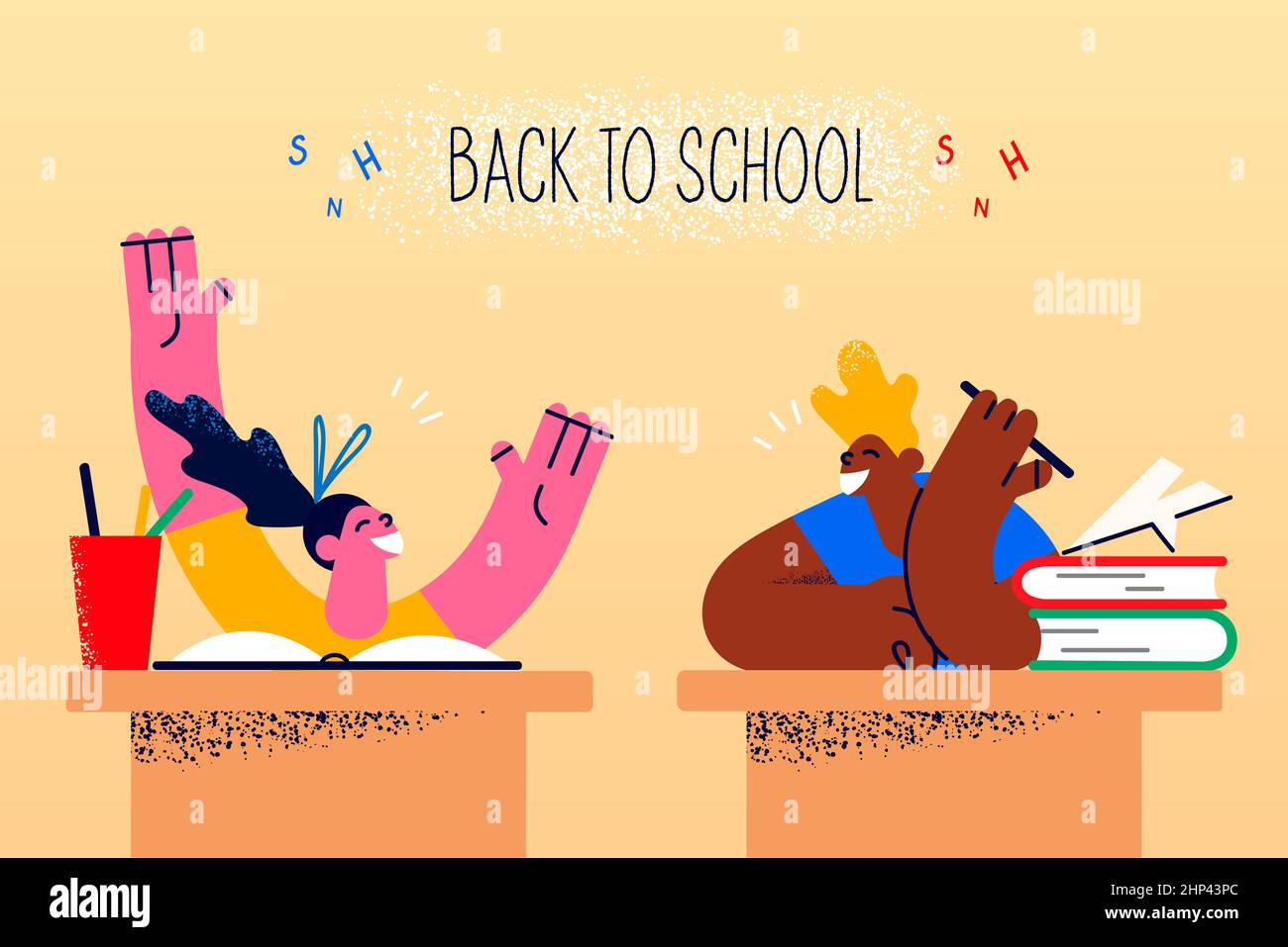 Happy little kids sit at desks feel excited get back to school. Smiling ...