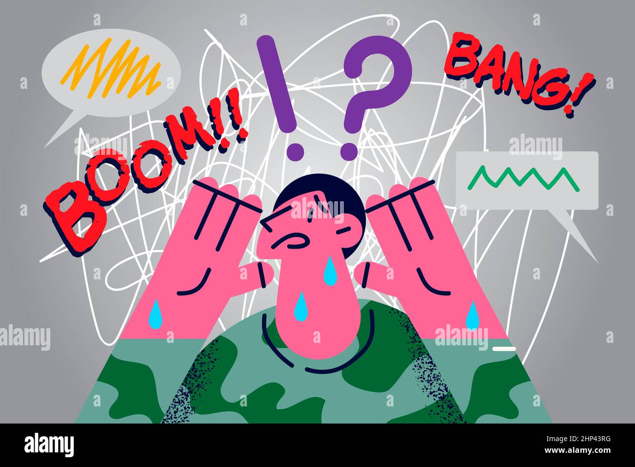 Distressed man in military uniform stressed suffer from post-traumatic ...