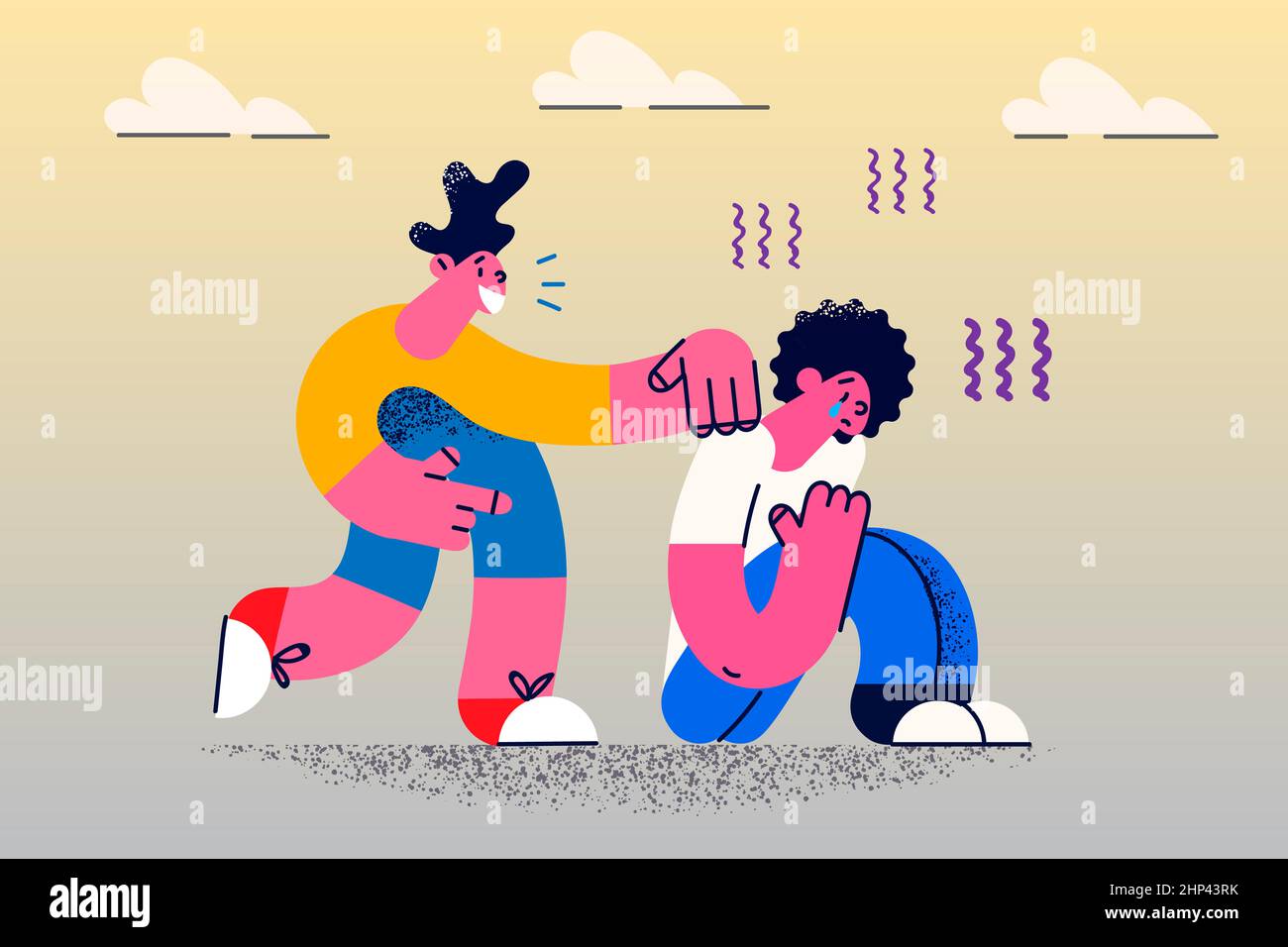 Cheerful child help sad unhappy crying friend falling down feel ...