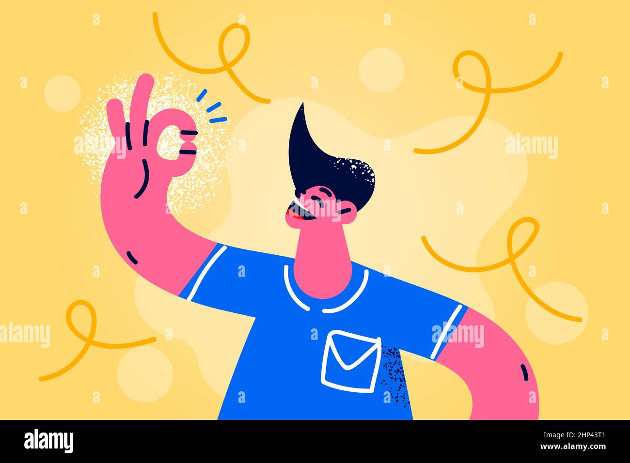 Smiling man show all right hand gesture feel positive and satisfied ...