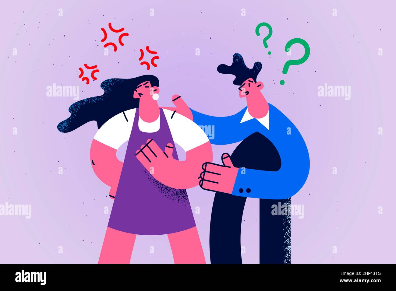 Confused young man comfort support unhappy angry woman. Couple have ...