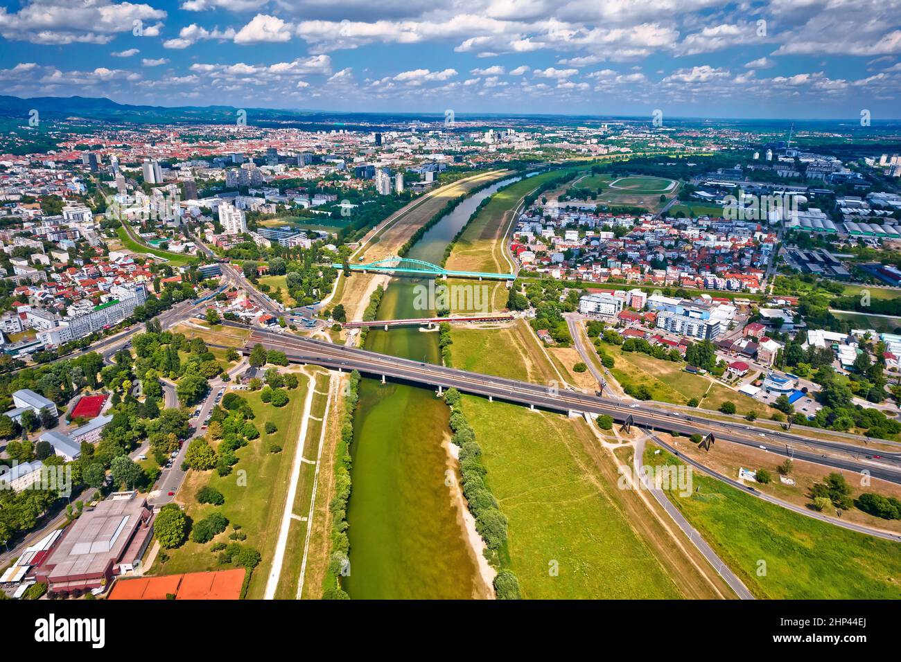 Zagreb. Aerial view of Sava river and city of Zagreb panorama, capital ...