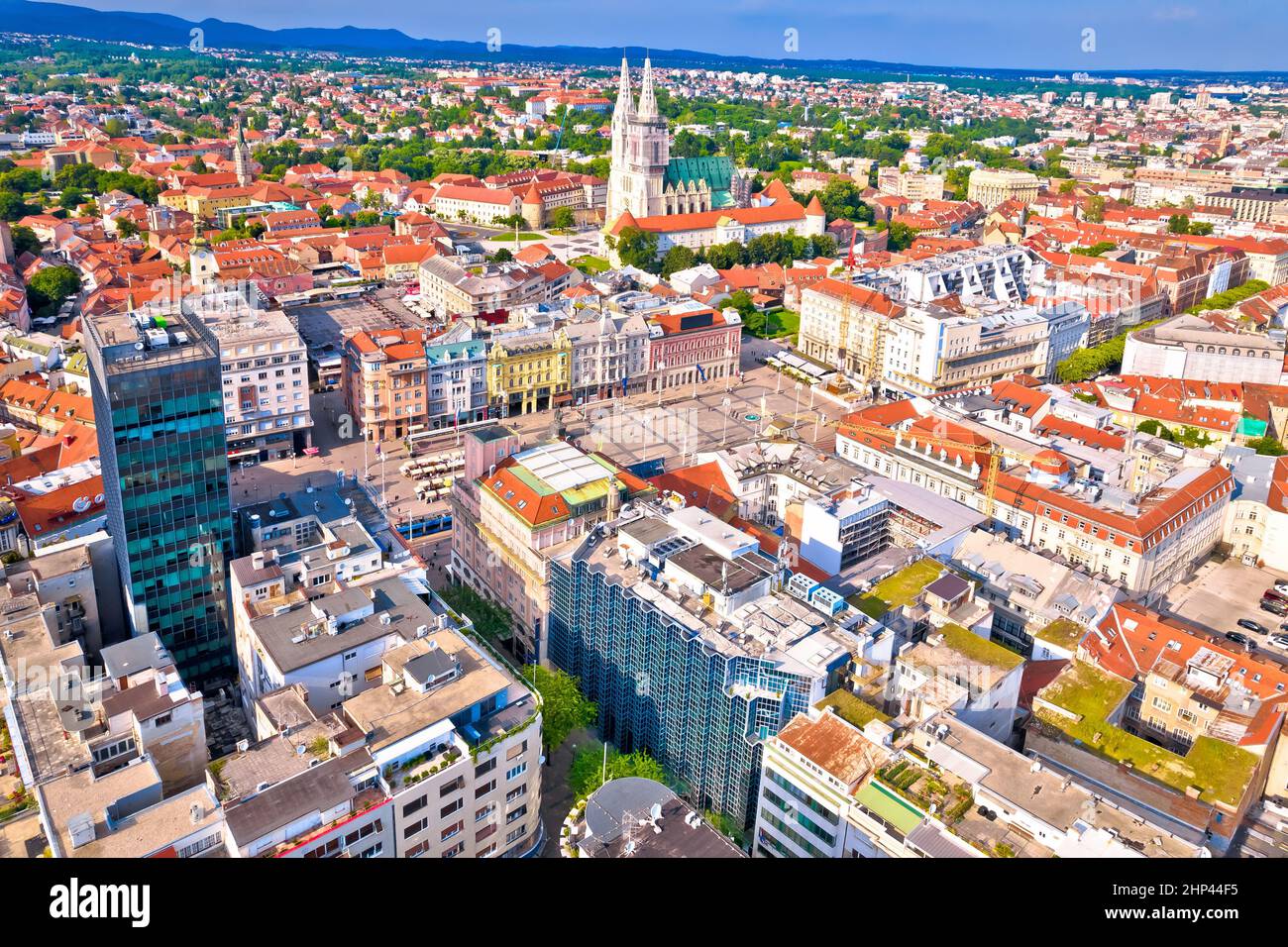 Zagreb main square and cathedral aerial panoramic view, famous ...